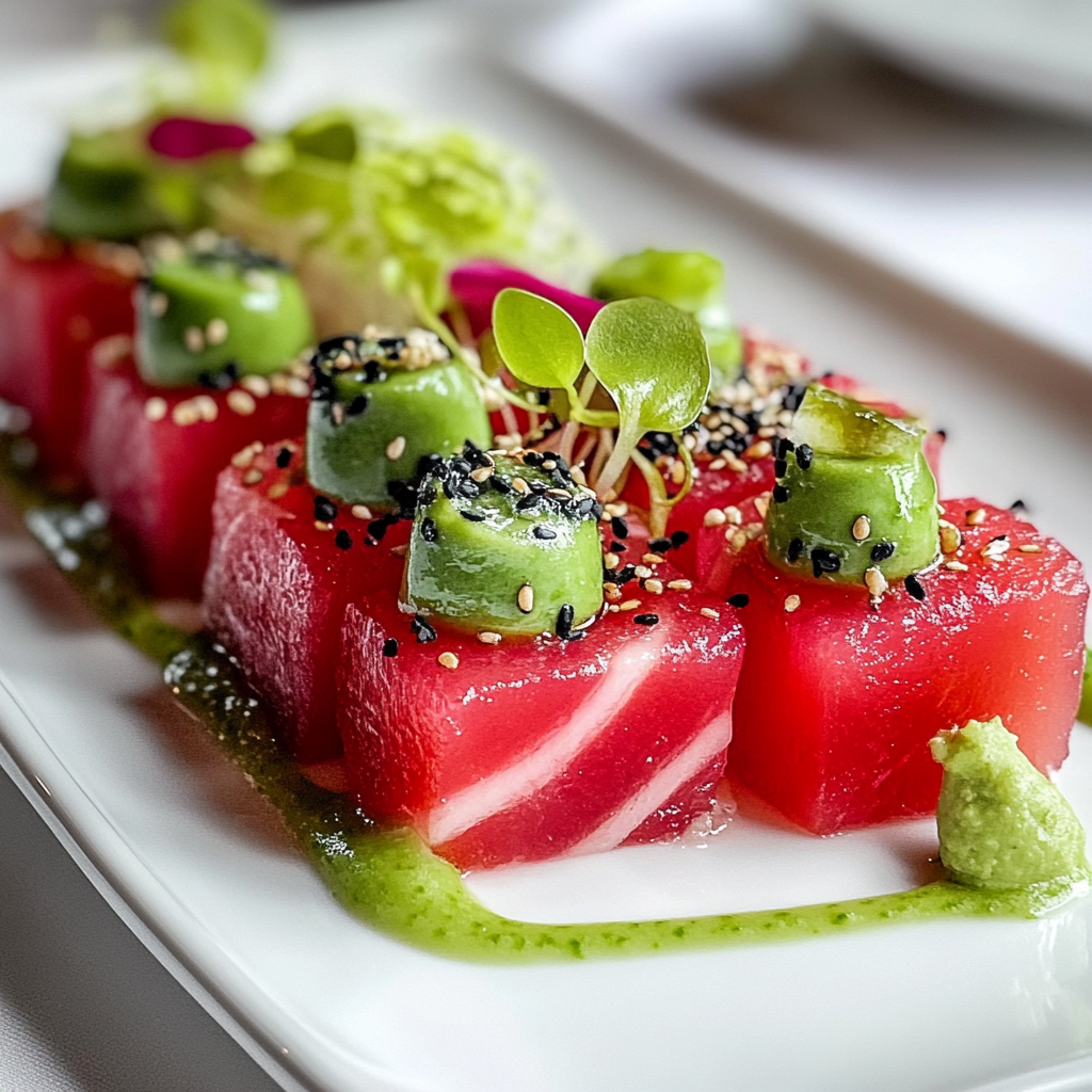 Watermelon Sashimi with Avocado-Wasabi Cream